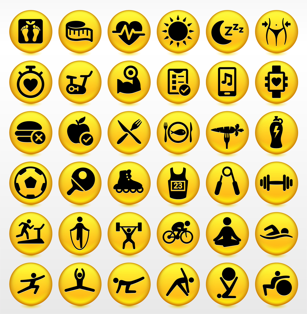 Set of 36 Vector Fitness and Diet Icons on Yellow Buttons.
