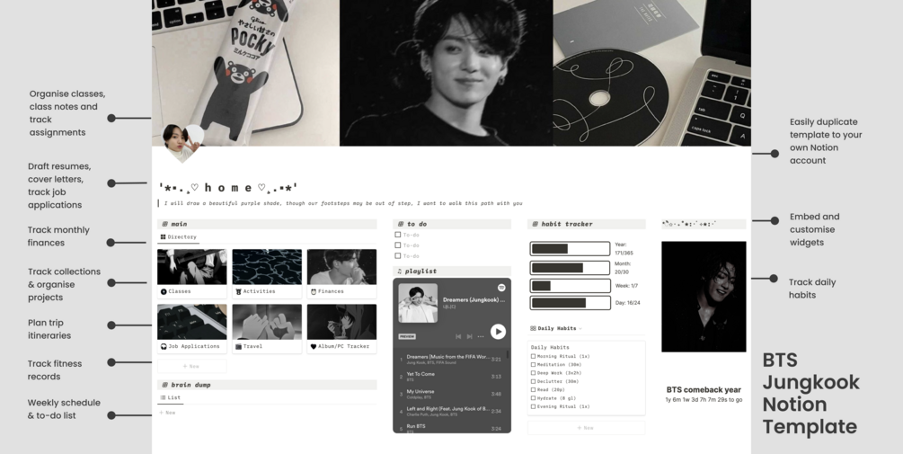 🖤 BTS Jungkook Monochrome Notion Template