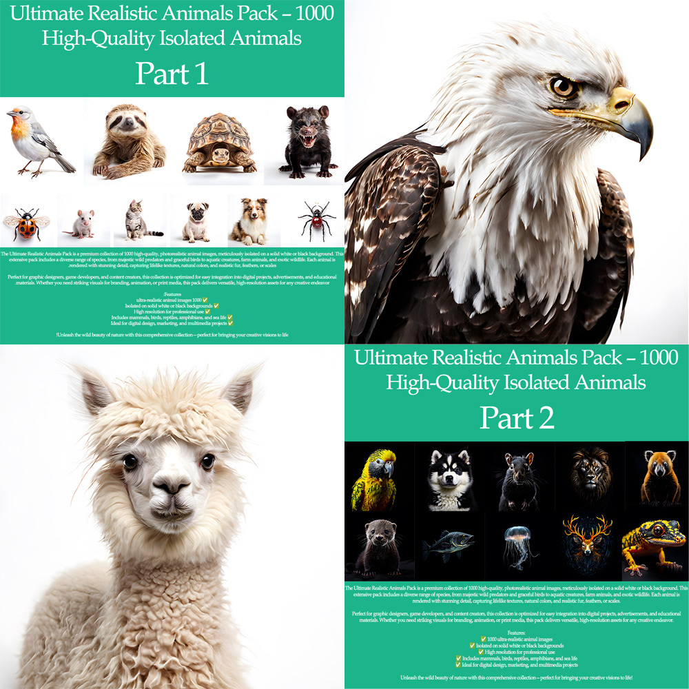 Ultimate Realistic Animals Pack 1 & 2 – 2000 High-Quality Isolated Animals