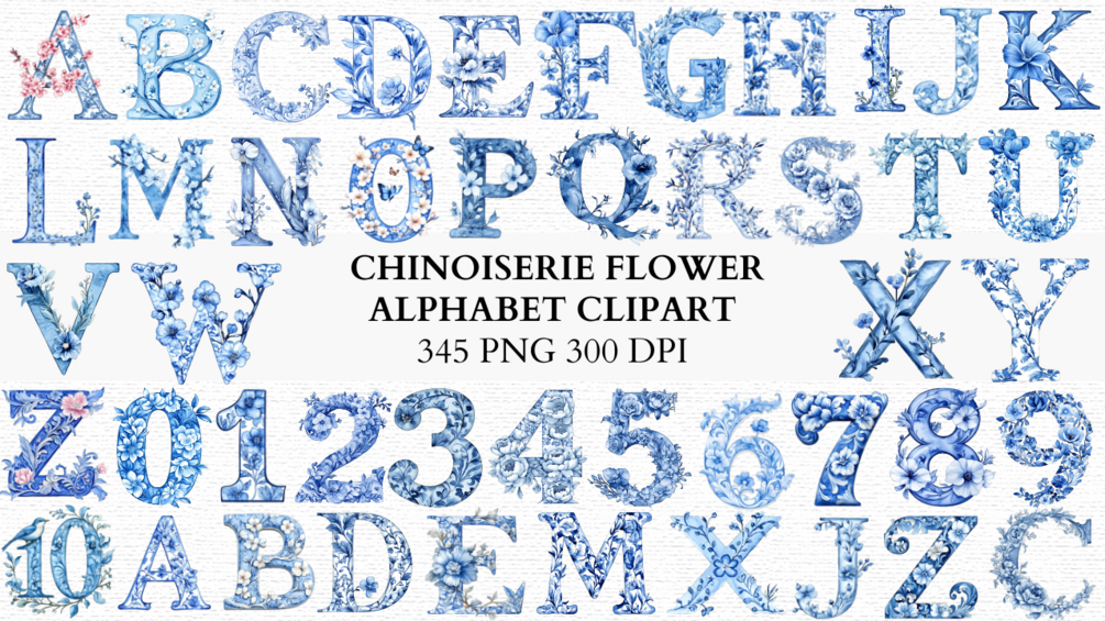 Chinoiserie Alphabet Clipart PNG Floral Blue Letter Number Set Vintage ...