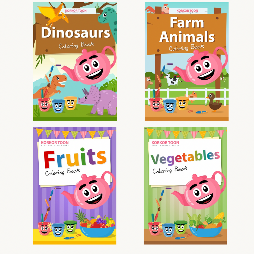 Dinosaurs, Farm, Fruit, Vegetables Bundles Coloring books