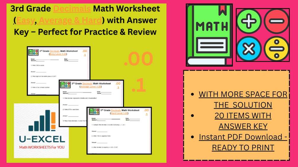 3rd Grade Decimals Math Worksheets Easy Average & Hard with answer key ...