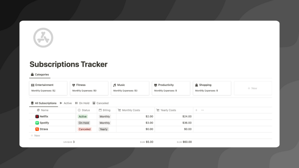 Notion: Subscription Tracker