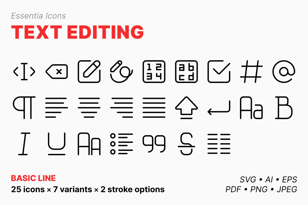 25 Text Editing icons (Essentia Line)
