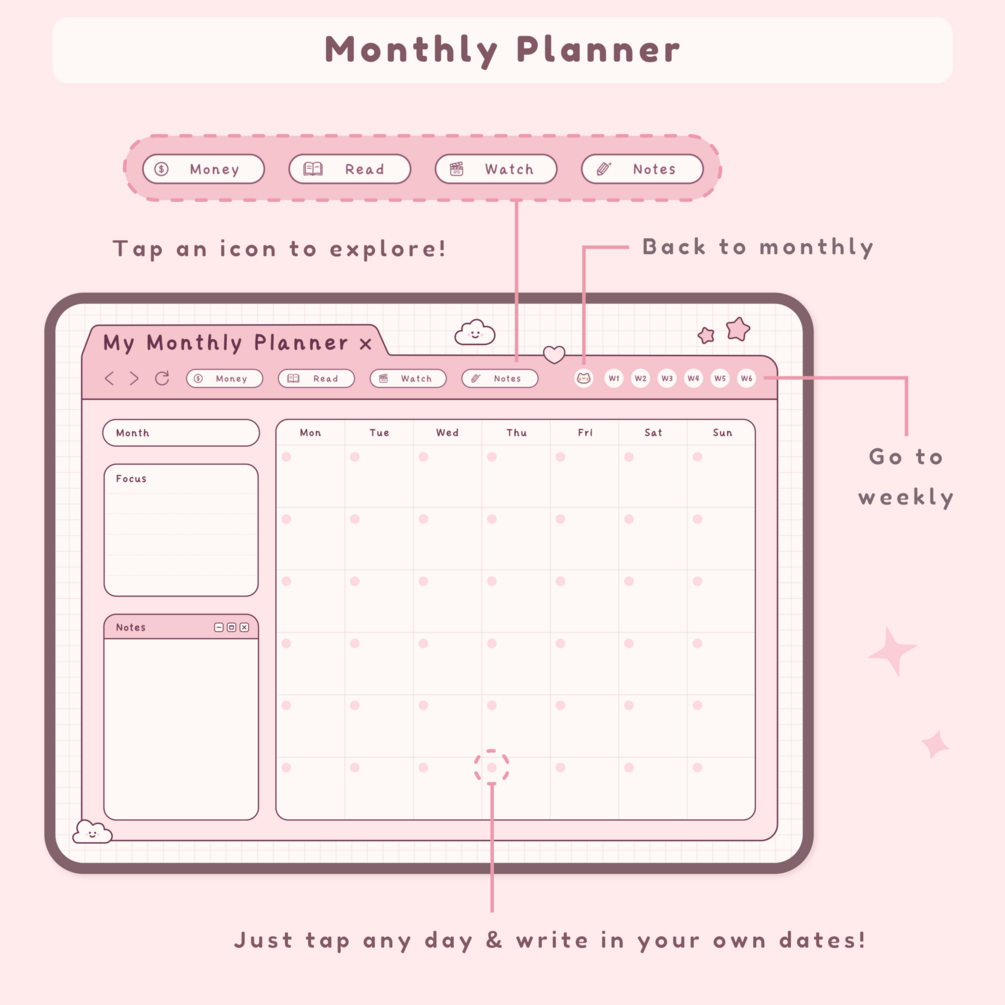 Undated Digital Planner | Monthly, Weekly, Daily | Strawberry Fluffy Ice