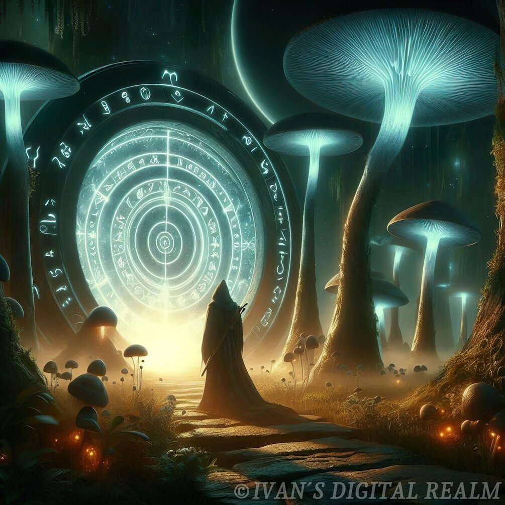 Mystical Alien Portal: Dark Fantasy Art with Glowing Mushrooms