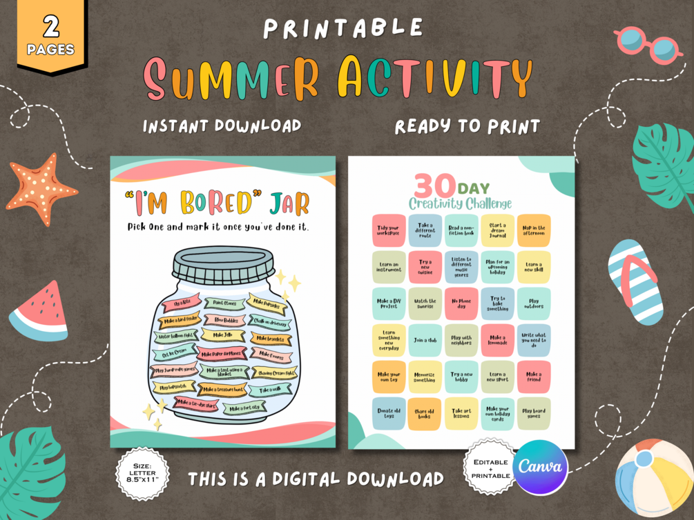Printable Editable SUMMER I'm BORED JAR plus Creativity Challenge for Kids
