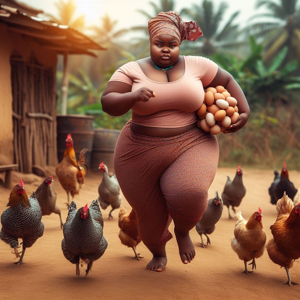 Running woman with bowl of eggs chasing by hens