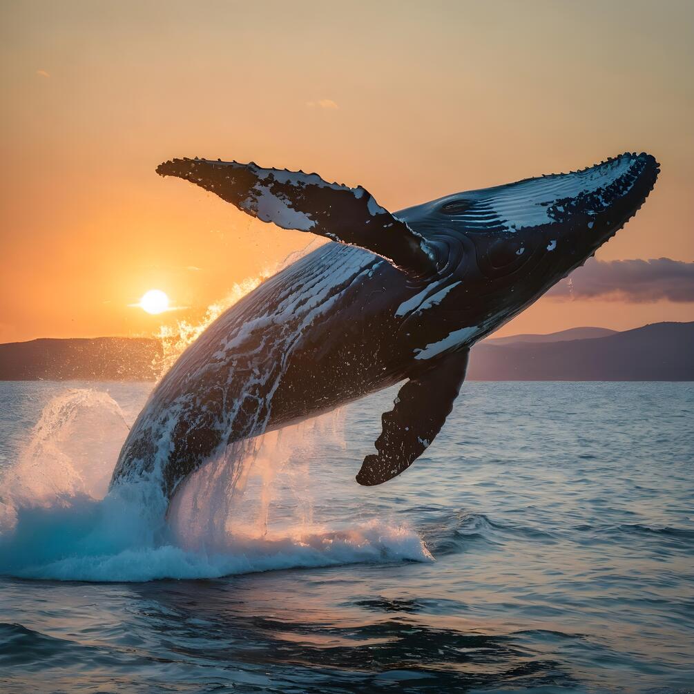 Humpback Whale Leaping Above the Ocean at Sunset2