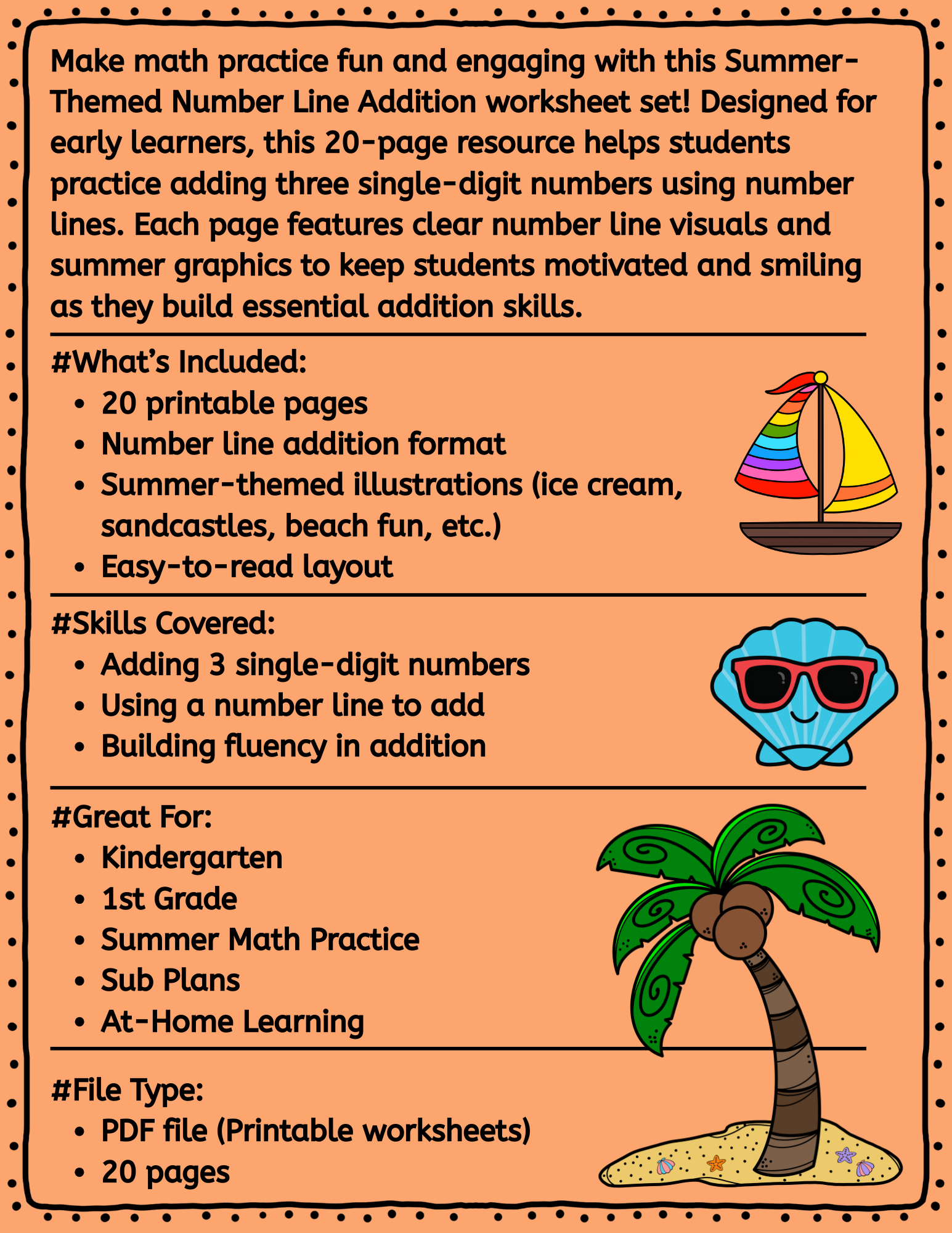 Number Line Addition - Adding 3 Single-Digit Numbers | Summer-Themed