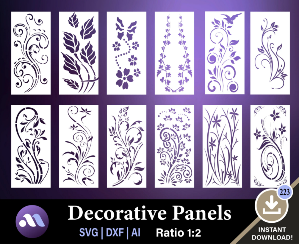 Floral Patterns Panel Templates. Set of 12 vector for laser and plasma ...