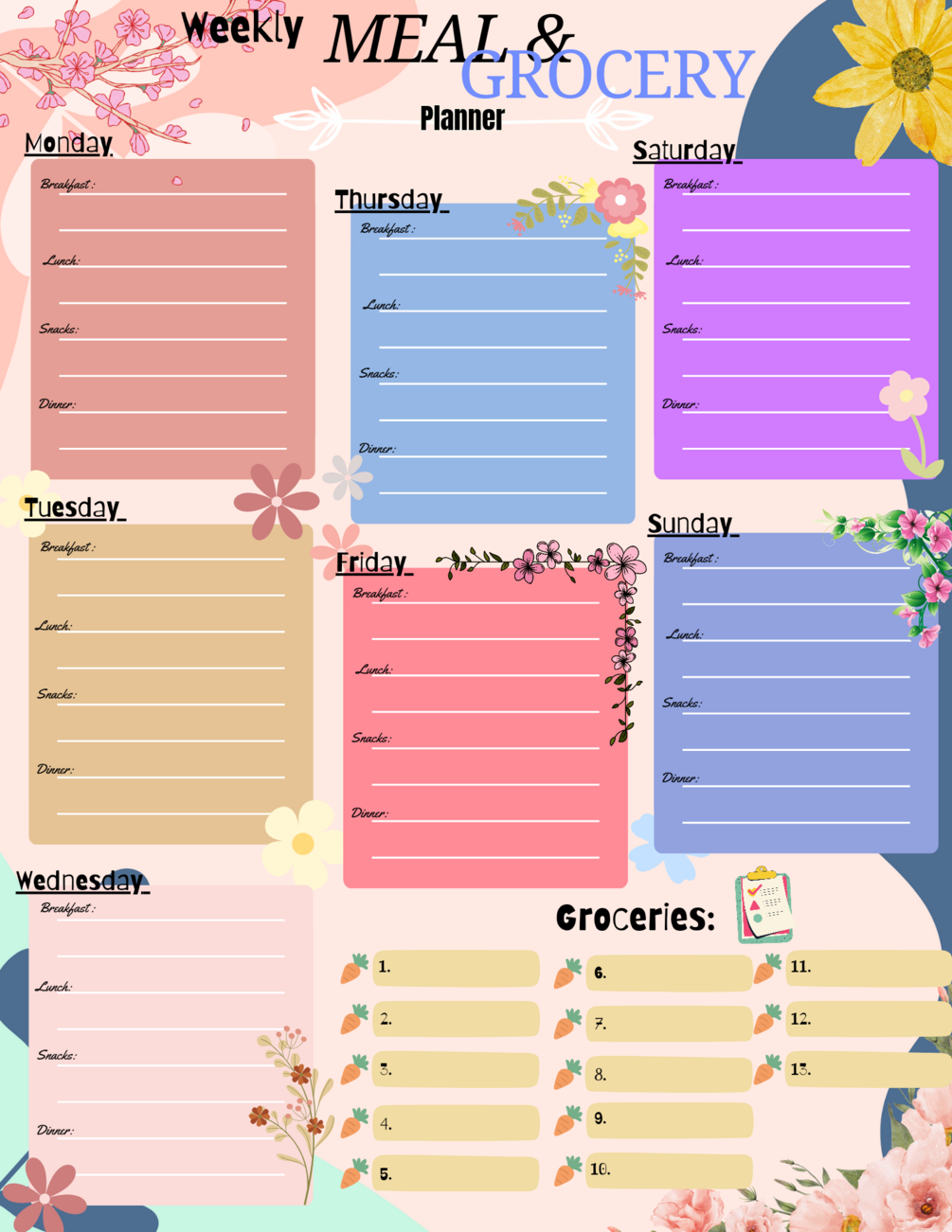 Meal Prep & Grocery Editable Planner