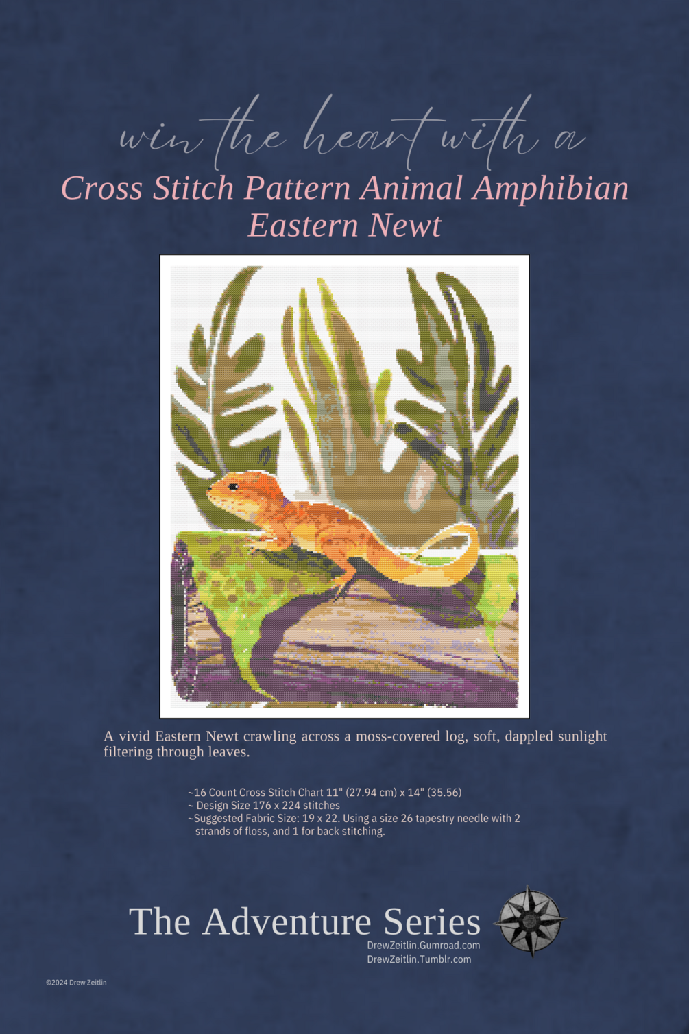 Cross Stitch Pattern Animal Amphibian Eastern Newt With Story and Audio