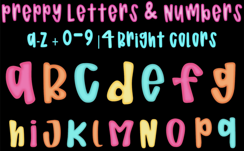 Preppy Letters and Numbers PNG Bundle, Bright Doodle Alphabet Clipart ...