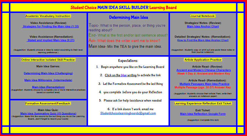 Main Idea Student Choice Learning Board (Hyperdoc)