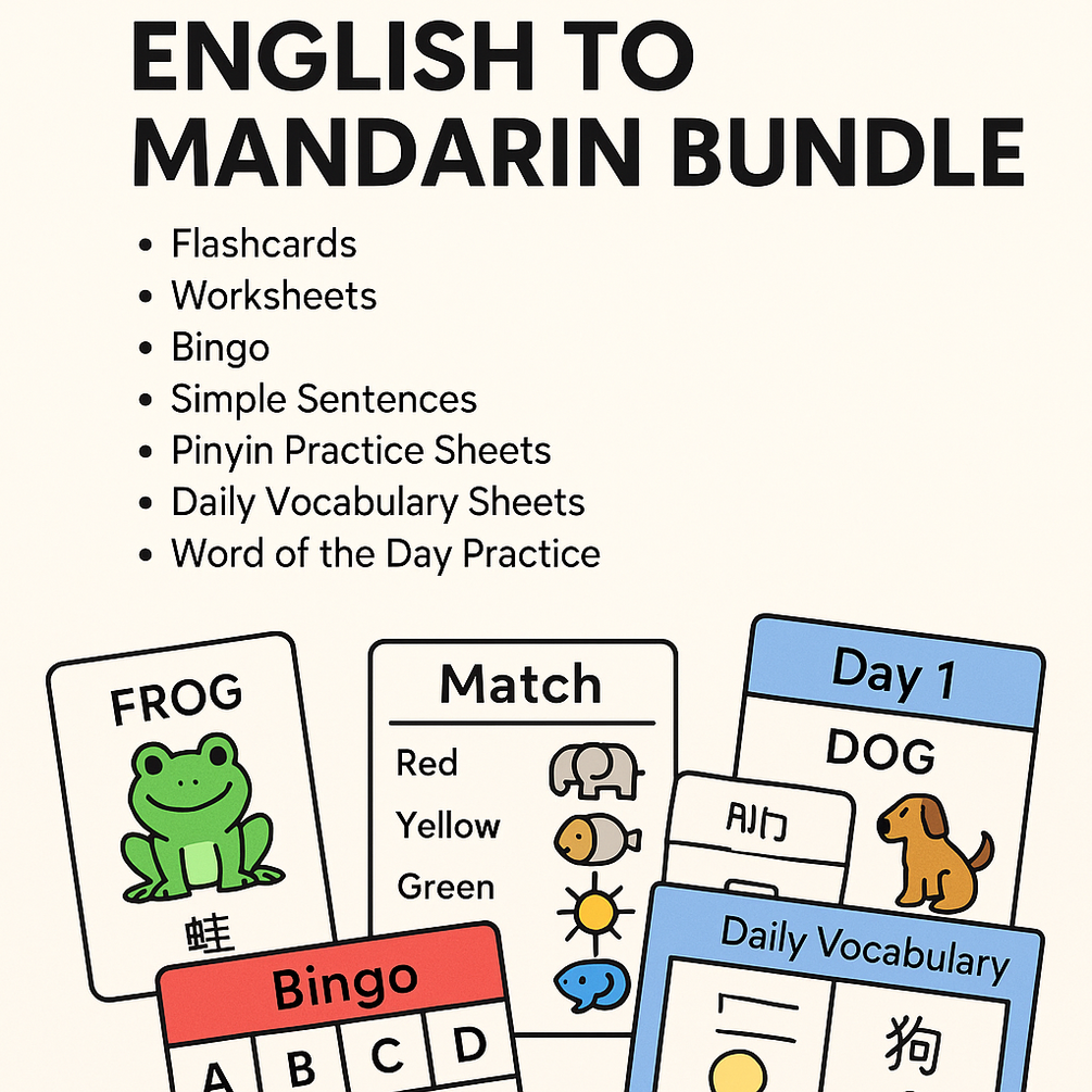 English to Mandarin Learning Bundle: Flashcards, Pinyin, Daily ...