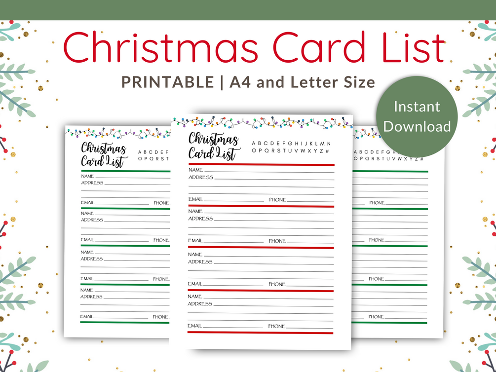Christmas Card List Planner | 8 Colors A4 & US Letter Sizes
