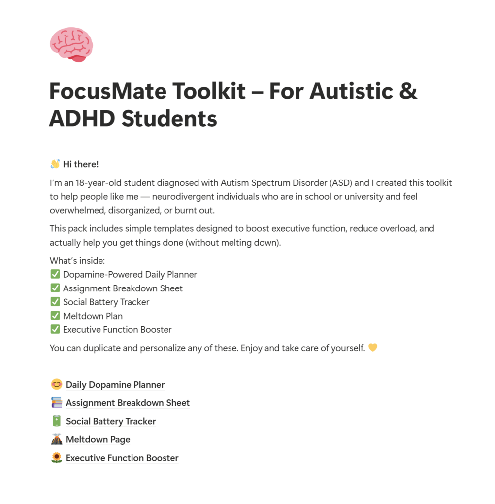 FocusMate Toolkit – Notion Templates for Neurodivergent Students