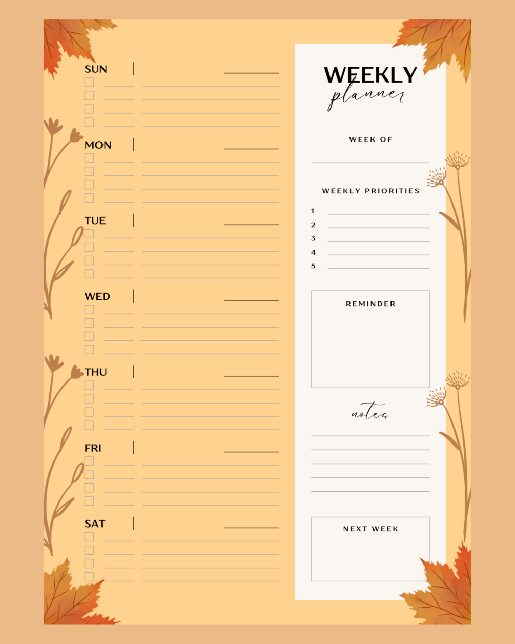 Fall Weekly Planner Printable – 1 Page Autumn Schedule PDF | Aesthetic ...