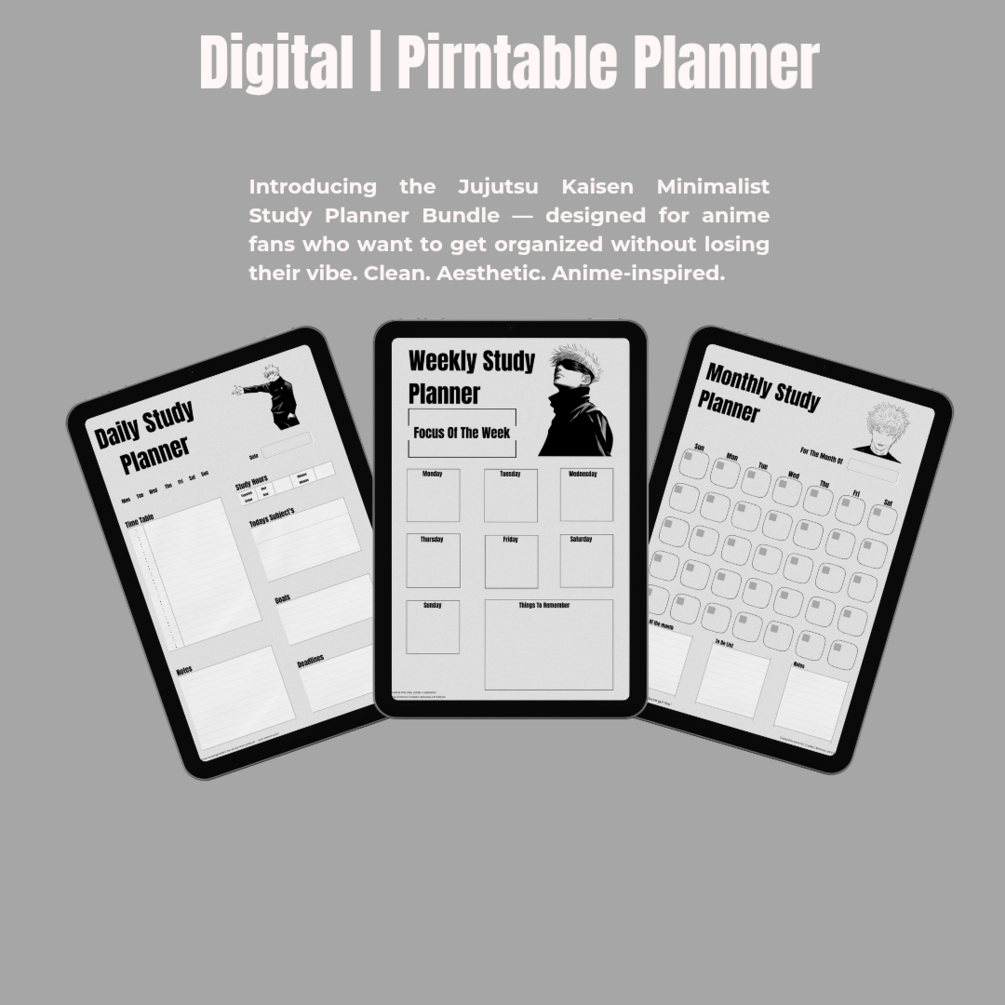 Jujutsu Kaisen Minimalist Study Planner – Daily, Weekly & Monthly Bundle