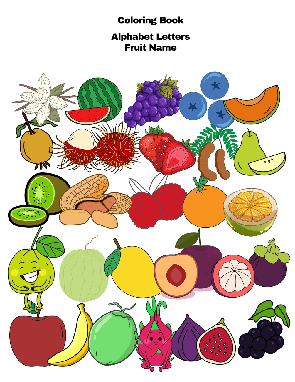 Coloring Book for Kids, Alphabet Letters-Fruit Name