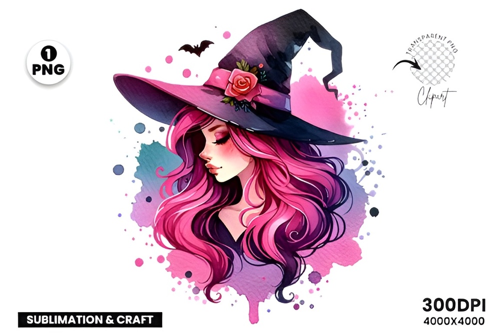 Watercolor Halloween Witch Clipart PNG