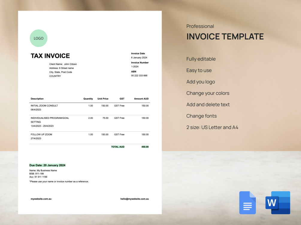 Invoice Template. Editable Invoice. Google Docs Invoice. Microsoft Word ...
