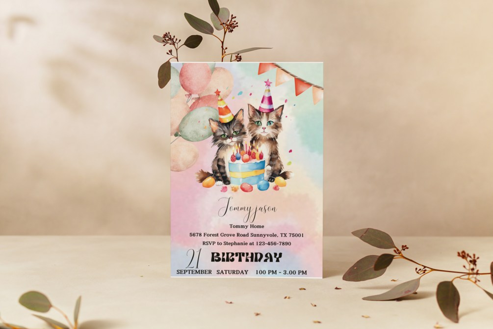 Cat Invitation -Cat Birthday Party Invitation, Cute Cat Invitation, Cat ...