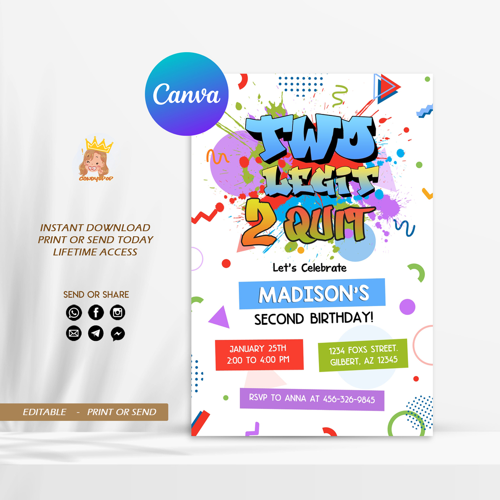 Personalized Two Legit To Quit Birthday Party Invitation | Editable ...
