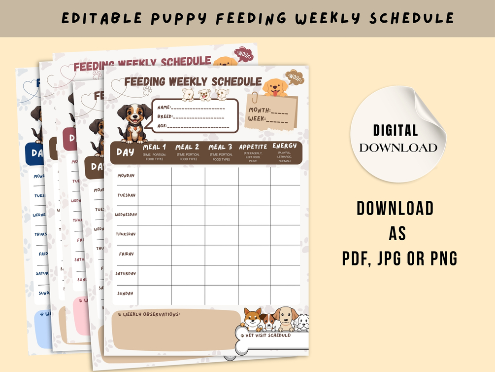 Cute Puppy Feeding Schedule, Weekly Meal, Appetite and Energy Tracker ...