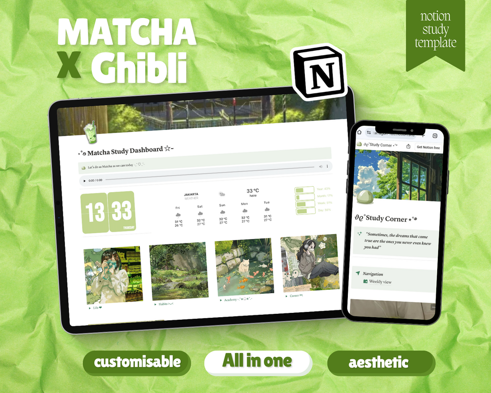 Matcha x Studio Ghibli Inspired Notion Planner| Life Work Notion ...