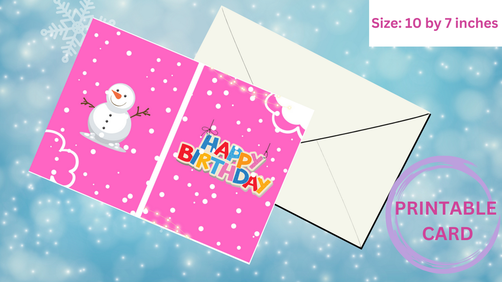 Pink Snowman Birthday Card - Printable for Kids