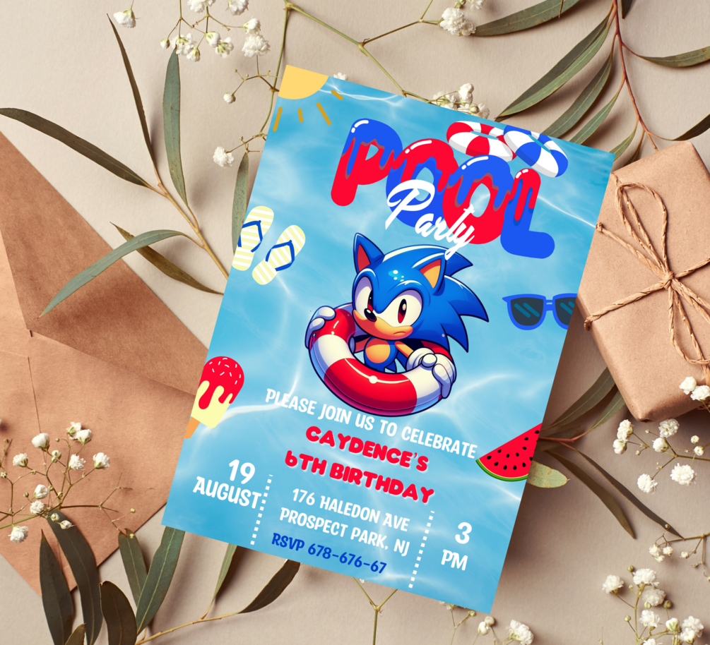 Sonic Pool Red & Blue Birthday Invitation | Vibrant & Customizable Kids ...