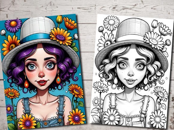 Springtime Blossoms – Grayscale Coloring Pages with Girls & Flowers ...