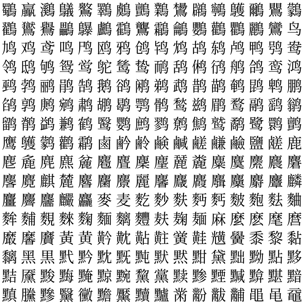 Unicode CJK 9e00-9eff, 256 letters, SVG file for 2d and 3d