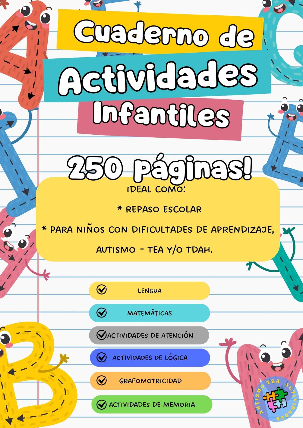 Cuaderno de Actividades para repaso, dificultades de aprendizaje, TEA, TDAH