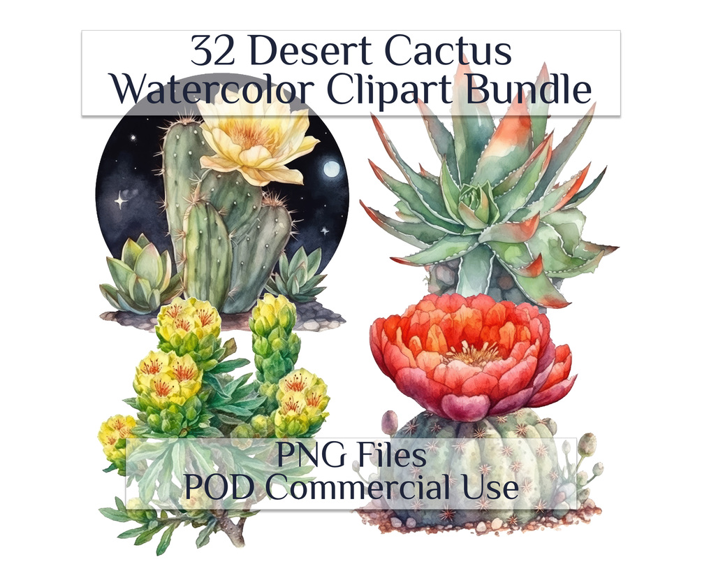 Desert Cactus Watercolor Clipart - Commercial Use PNG Graphics