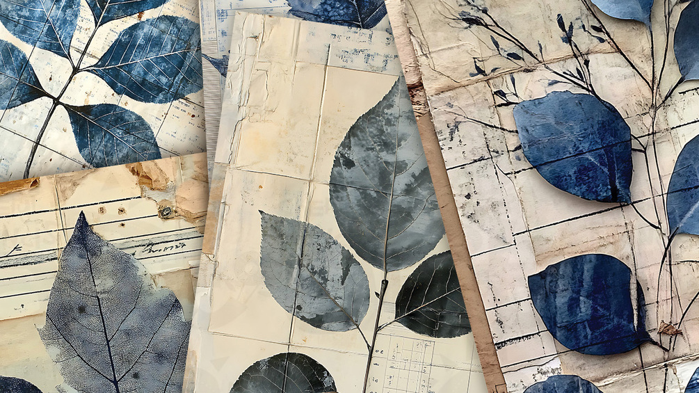 16 pc Nature Inspired Blue Leaf on Ephemeral Background Printable Junk ...