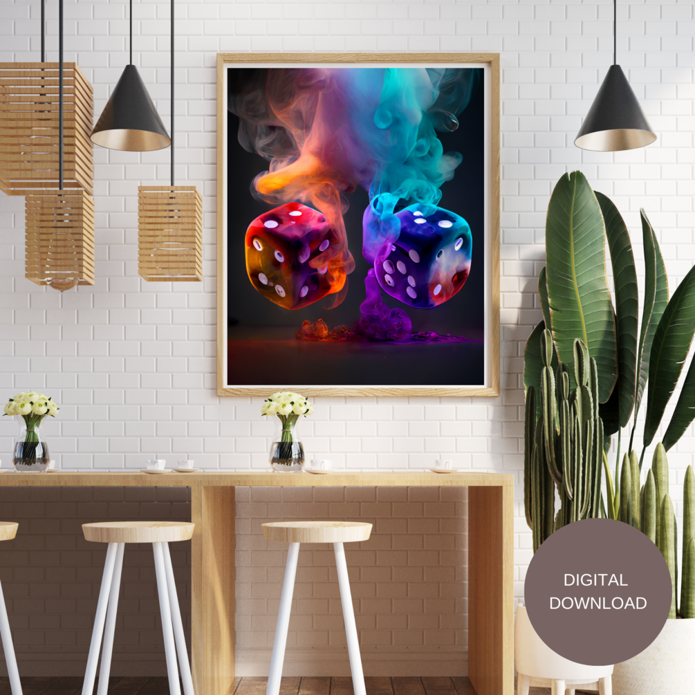 Neon Explosive Dice Wall Art, Digital Download, Home Decor, Printable