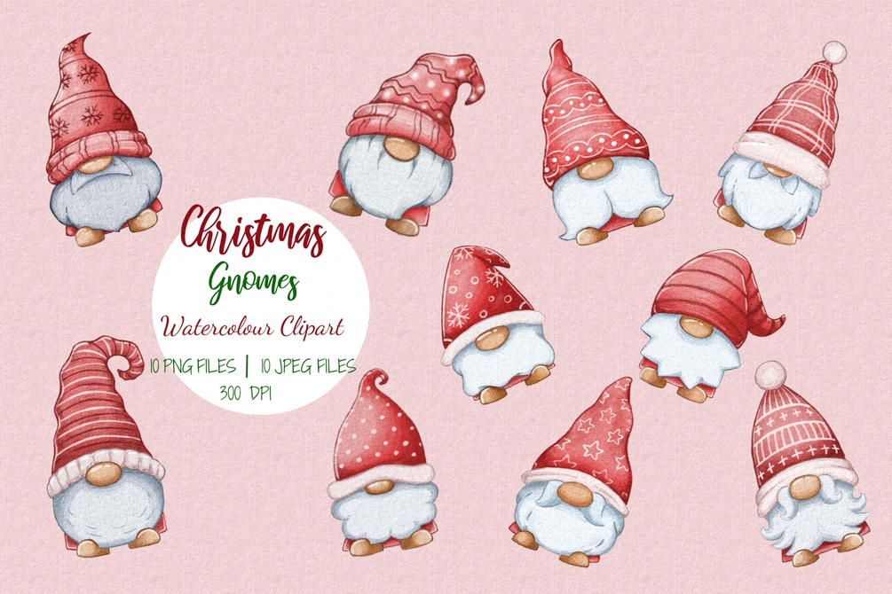 Cute Watercolor Christmas Gnomes Clipart Bundle