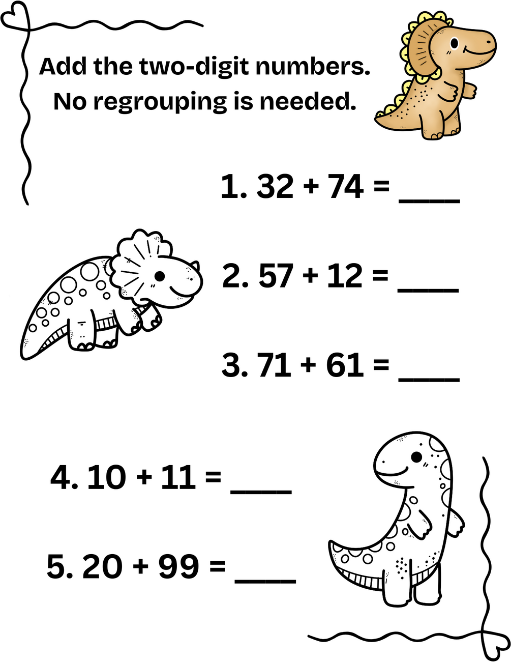 Dinosaur 2-Digit Addition Worksheets | Grade 1 Math | Regrouping + No ...