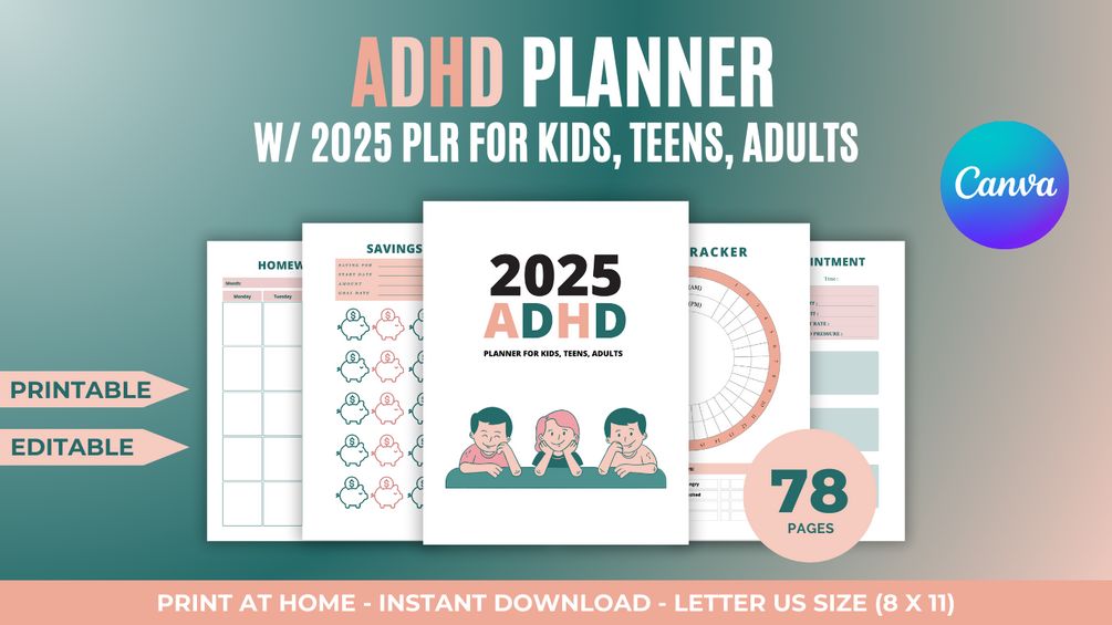 ADHD Life Planner 2025 for Kids Teens Adults, PLR with reseller rights ...