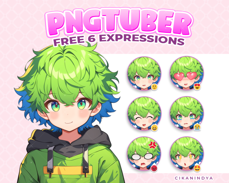 PNG Tuber | Messy Lime Green Hair Boy with Electric Blue Tips and Cyan ...