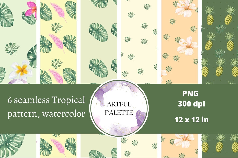 6 seamless tropical patterns watercolor