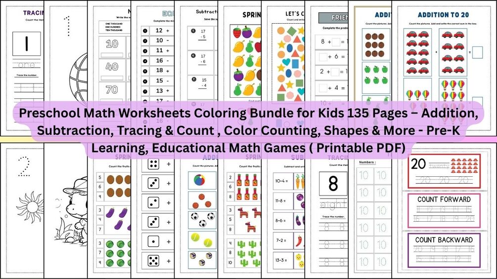 Preschool Math Worksheets Coloring Bundle for Kids 135 Pages – Addition ...