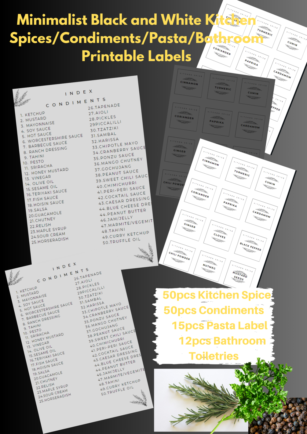 Minimalist Black and White Kitchen Spices/Condiments/Pasta/Bathroom ...