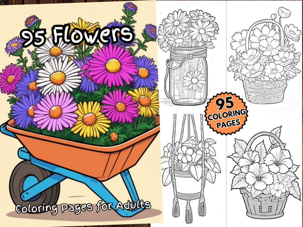 Blossom Flowers in various containers Coloring Pages for Adults - 95 Pages