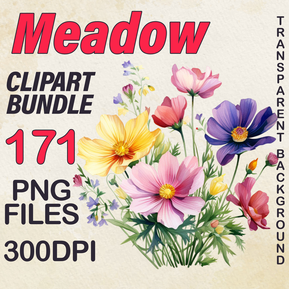 Watercolor Meadow Clipart Bundle - 171 PNG's, Beautiful Floral Graphics ...