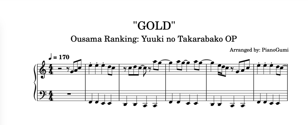 Ousama Ranking: Yuuki no Takarabako OP - "GOLD" - EASY Piano Sheet Music