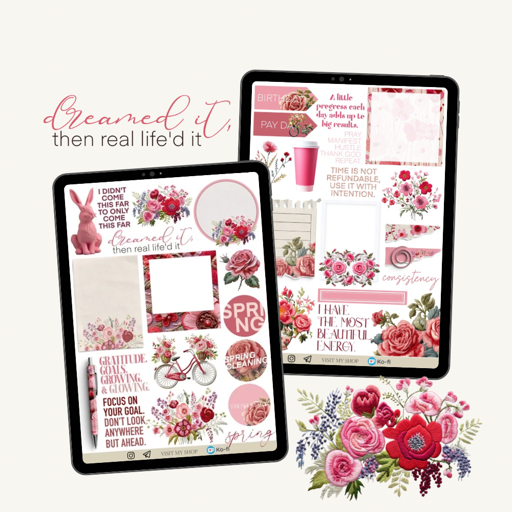 Pink Embroidery stickers, GoodNotes & PNG